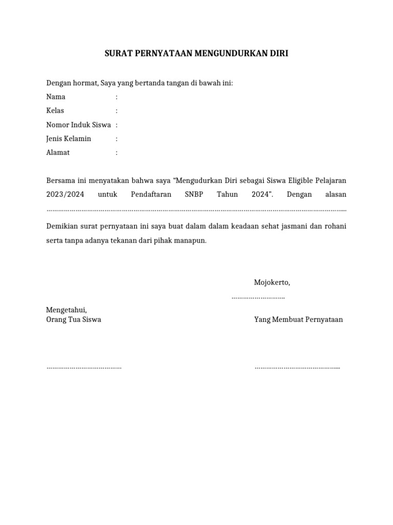 Contoh Surat Pernyataan Mengundurkan Diri | PDF