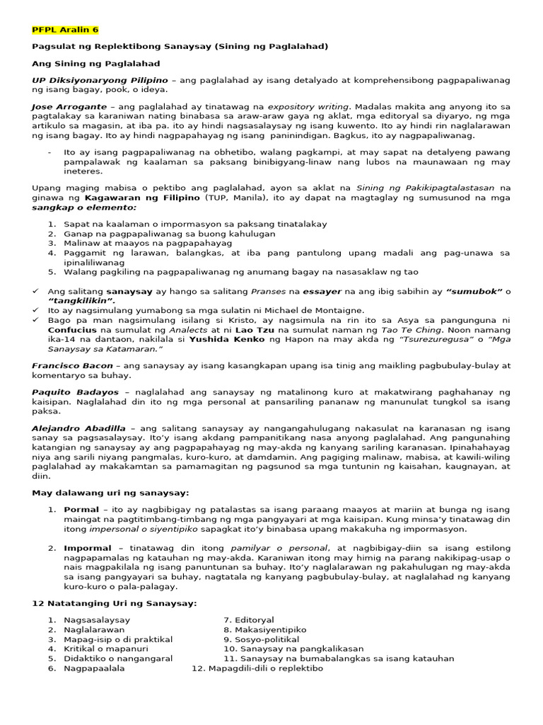 Aralin 6 PFPL REPLEKTIBONG SANAYSAY | PDF