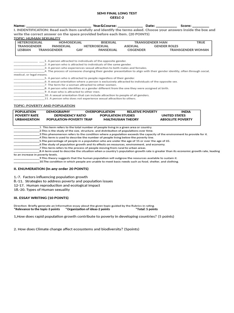 Semi Final Long Test | PDF | Sexual Orientation | Heterosexuality