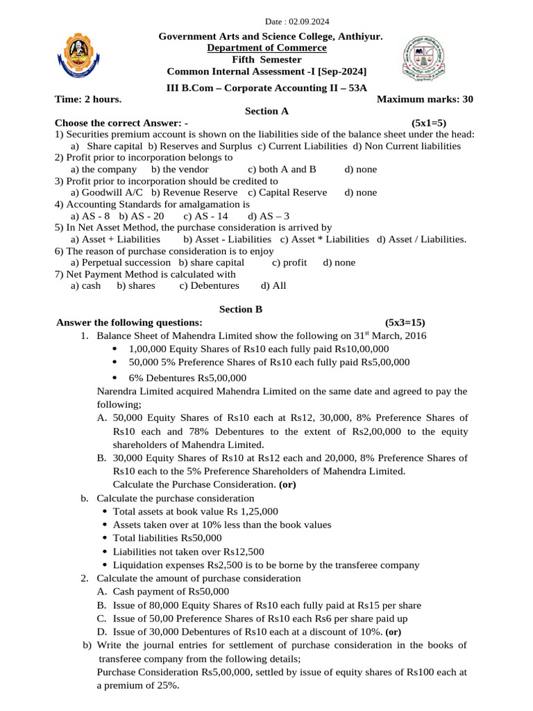 Exercises On Amalgamation and Absorption With Answers | PDF | Equity (Finance) | Book Value