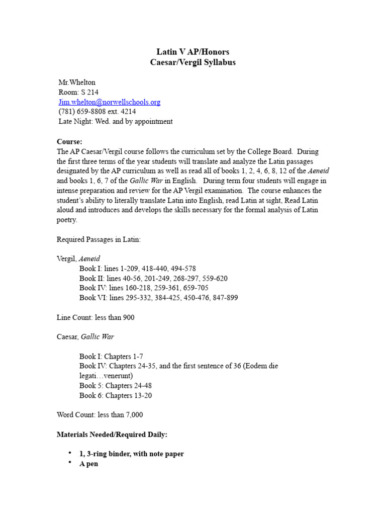 AP Latin Caesar and Vergil Syllabus | PDF | Virgil | Essays