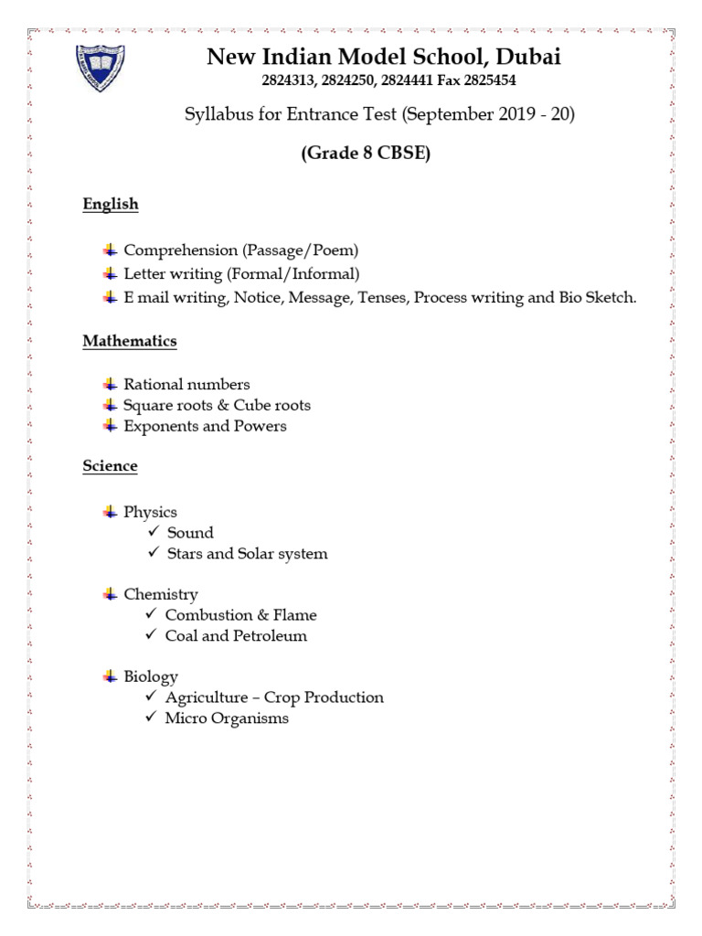 Grade 8 Entrance Exam Syllabus 2023 | PDF