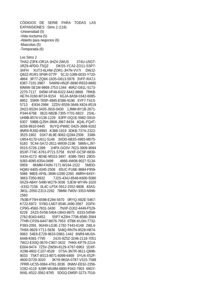 Códigos de serie para Sims 2 y expansiones | PDF | Videojuegos ...