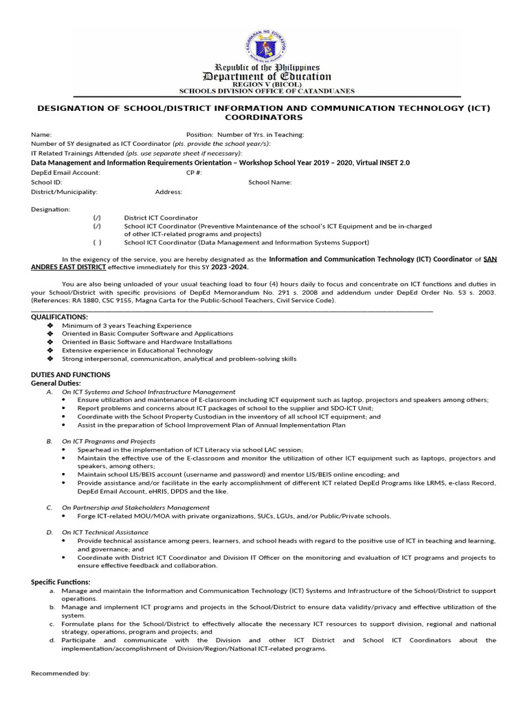 Designation of Ict Coordinator - New Template2 | PDF | Information And Communications Technology ...