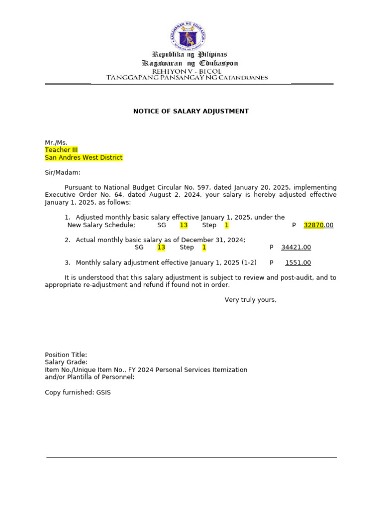 2025 Salary Adjustment Notice for Teachers | PDF
