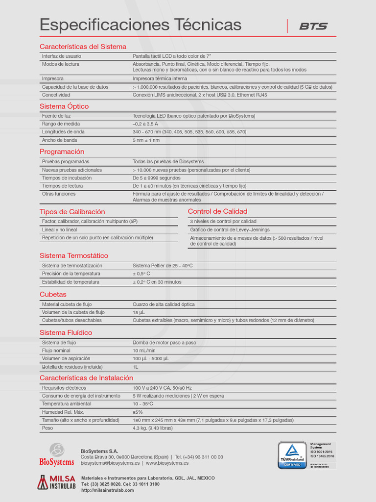 Brochure BTS BIOSYSTEMS MILSA INSTRULAB | PDF | Aplicación movil | Informática
