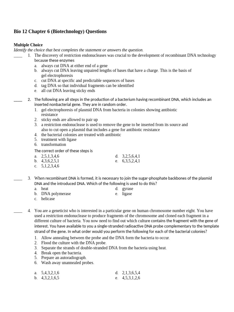Biotechnology Questions for Bio 12 Chapter 6 | PDF | Plasmid | Dna
