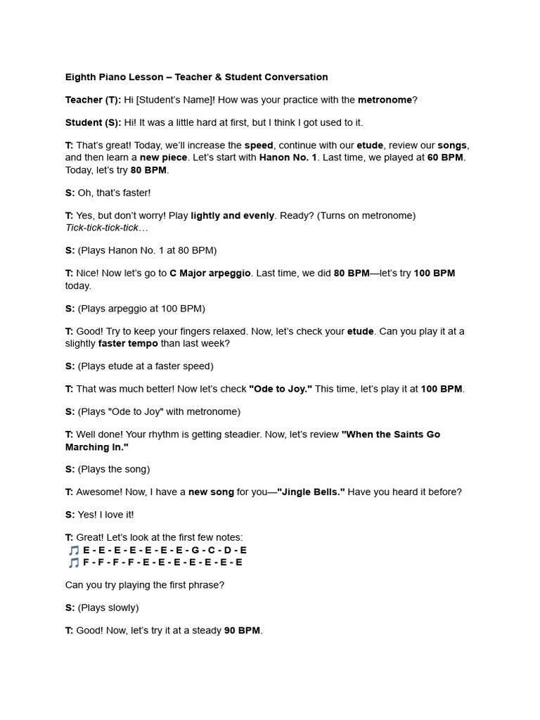 Eighth Piano Lesson – Teacher & Student Conversation | PDF