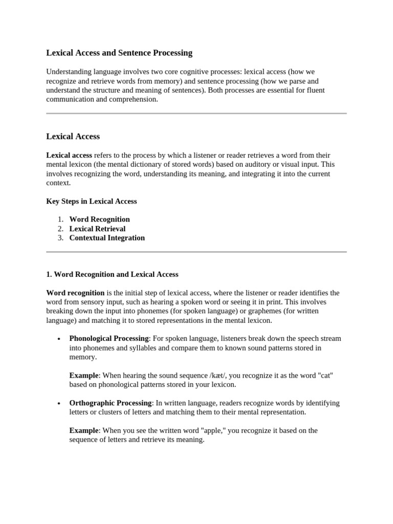 PsychologyofLanguage Week4 5 Lexical Access and Sentence Processing | PDF | Memory | Word