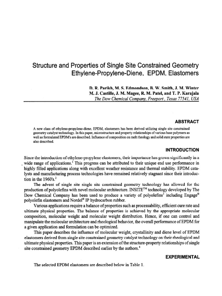 Structure and Properties of Single Site Constrained Geometry EPDM | PDF | Differential Scanning ...