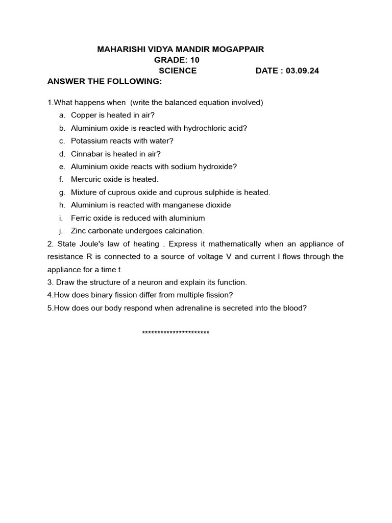 Grade 10 Science Questions and Answers | PDF