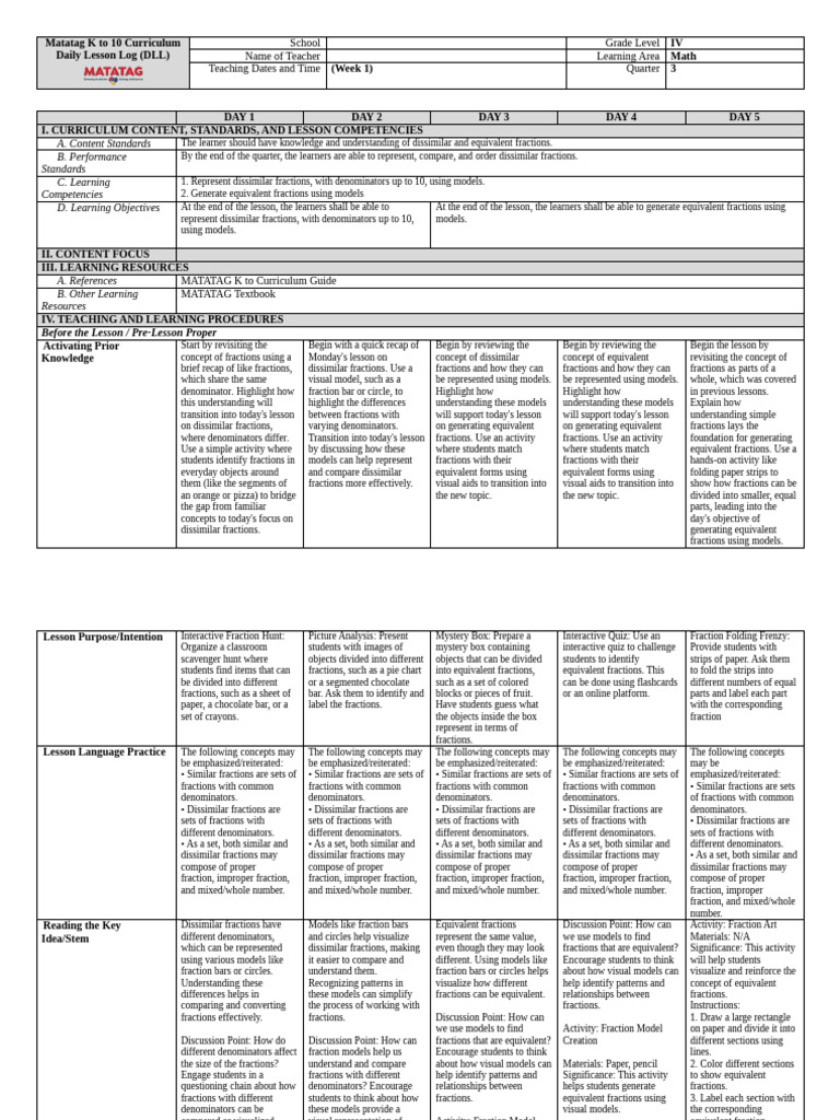DLL_MATH_G4_Q3_W1 | PDF | Curriculum | Learning