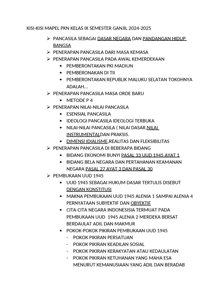 KISI1-KISI SOAL PKN SEMESTER GANJIL 2024-2025 | PDF