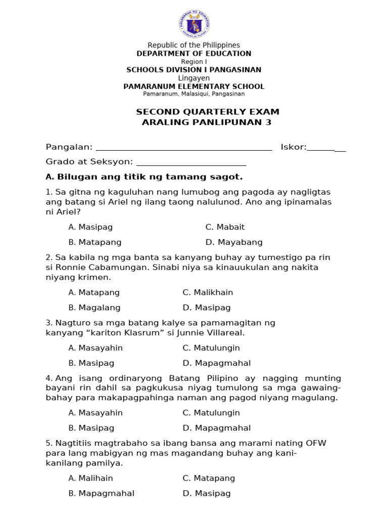 AP 3 Exam 2q Examinations for Grade Araling Panlipunan | PDF