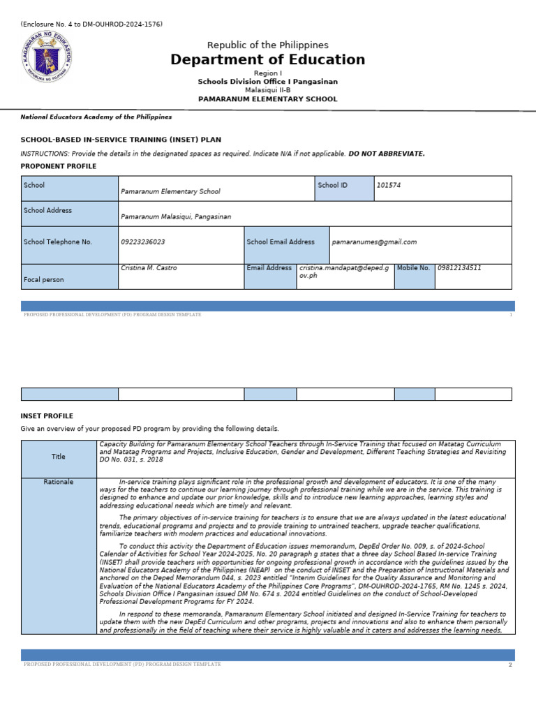 Pamaranum Enclosure No. 4 School Based INSET Plan | PDF | Learning ...
