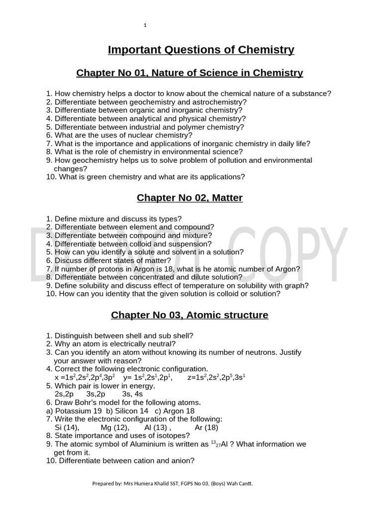 Important Questions From Different Chapters of Class 9th Chemistry NBF ...