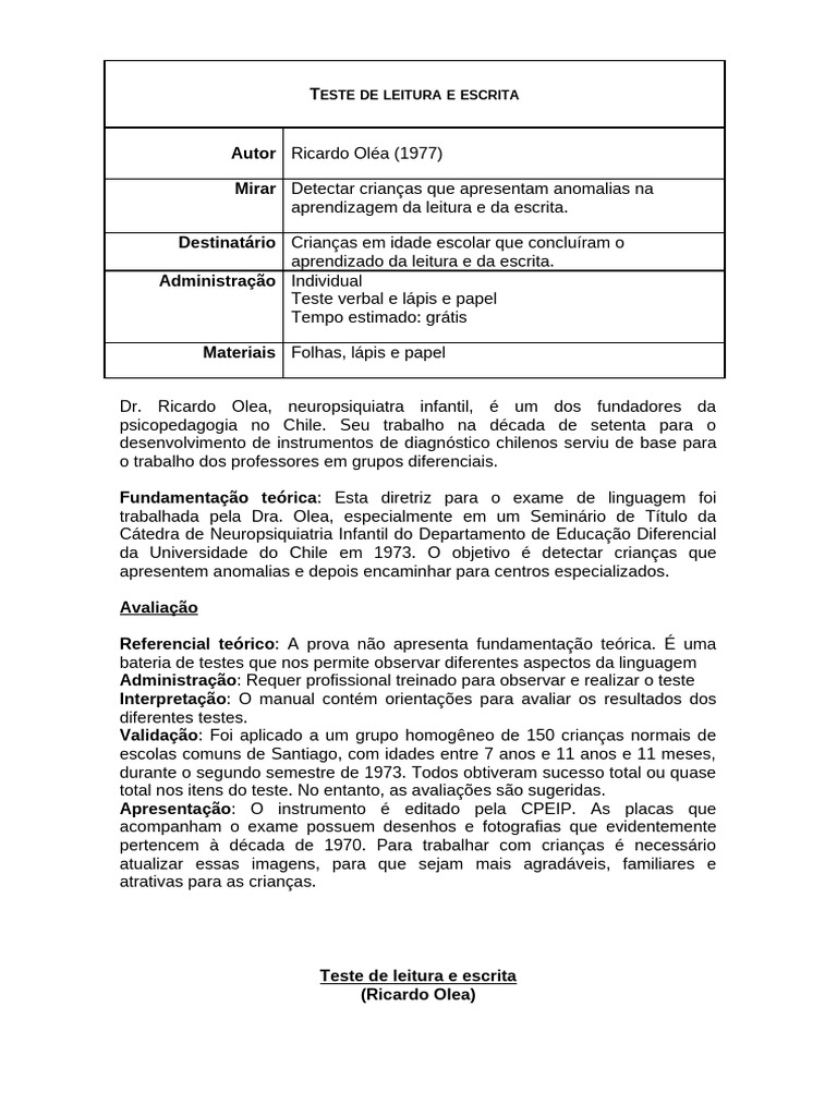 Prova-de-Leitura-e-Escrita-Ricardo-Olea.doc | PDF | Aprendizado | Escrita