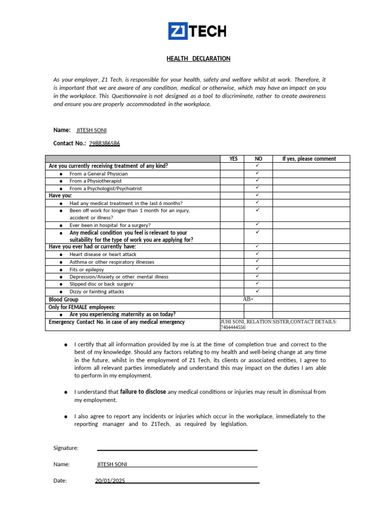 Empl. Health Declaration | PDF | Employment | Occupational Safety And ...