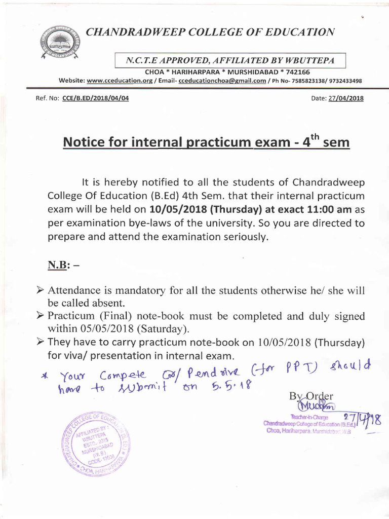 Notice for internal practicum exam - 4th sem | PDF