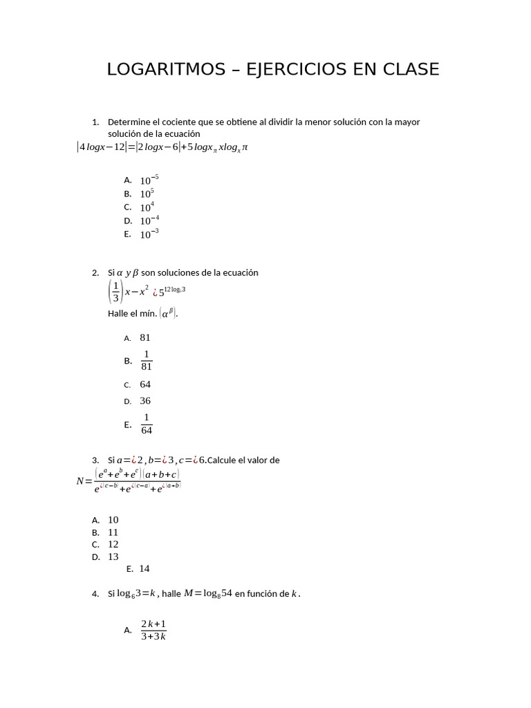 Logaritmos - Ejercicios de Clase | PDF | Matemáticas