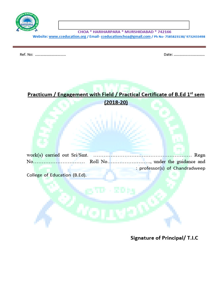 Practicum Engagement With Field Practical Certificate of B.Ed 1st Sem ...