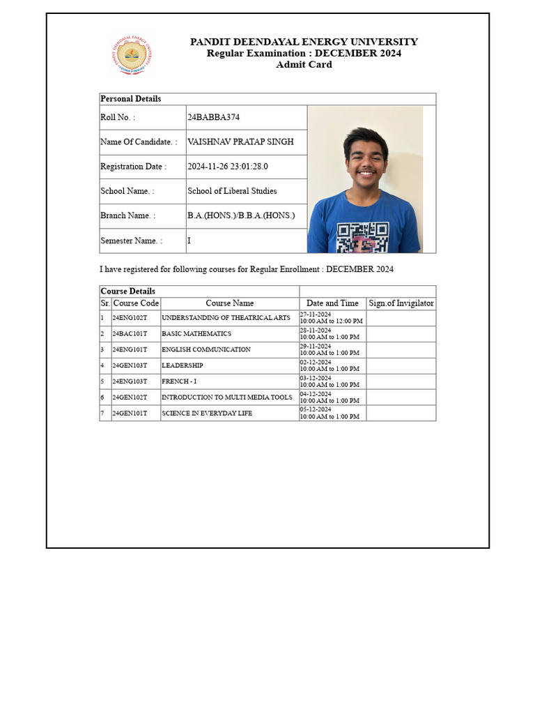 Student Exam Admit Card | PDF