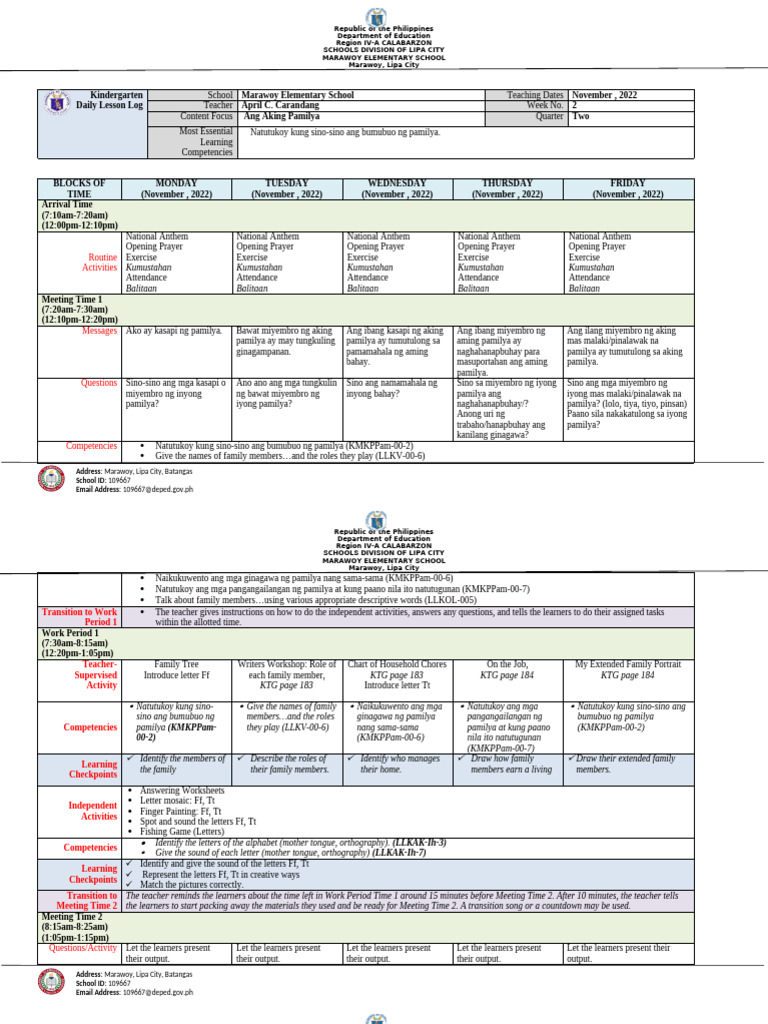 Kinder DLL Week2 Quarter 2 | PDF | Question | Teachers