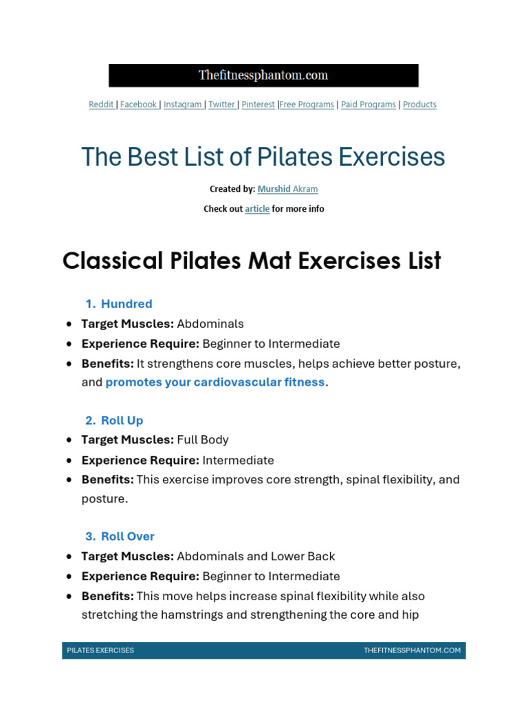 Best Pilates Exercises List PDF | PDF | Pilates | Flexibility (Anatomy)