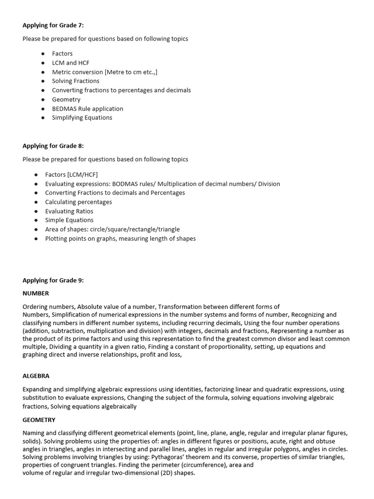 Math Placement Test Topics | PDF | Numbers | Area