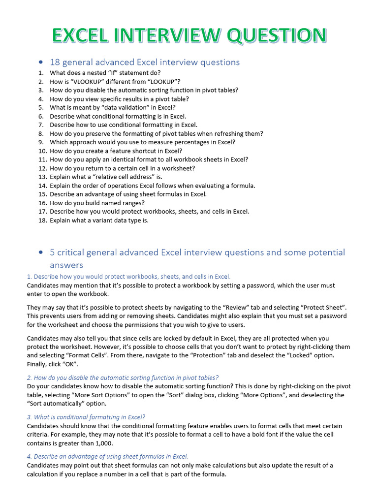 Excel Interview Questions | PDF | Microsoft Excel | Spreadsheet