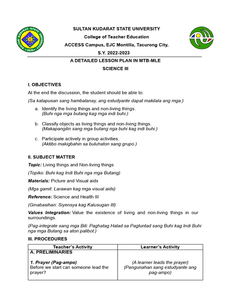 DETAILED-LESSON-PLAN-IN-MTB-MLE-1-2 | PDF | Biology | Organisms