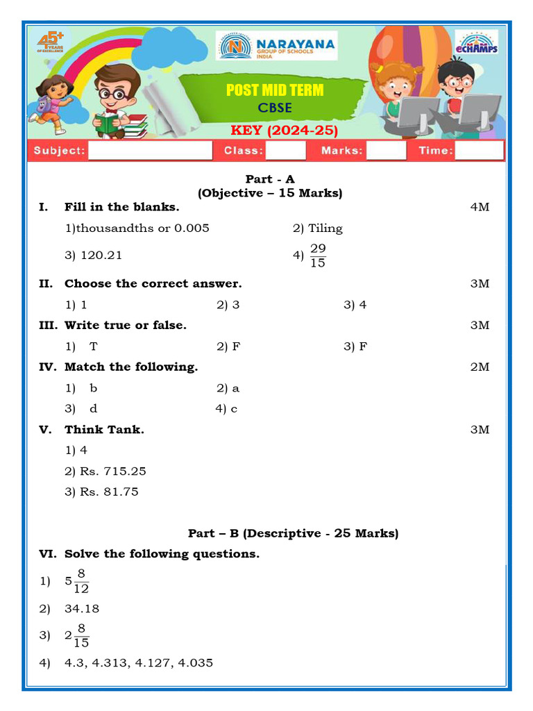 Grade-4_MATH_POST MID TERM_MAIN PAPER_KEY_PAN INDIA | PDF | Mathematics
