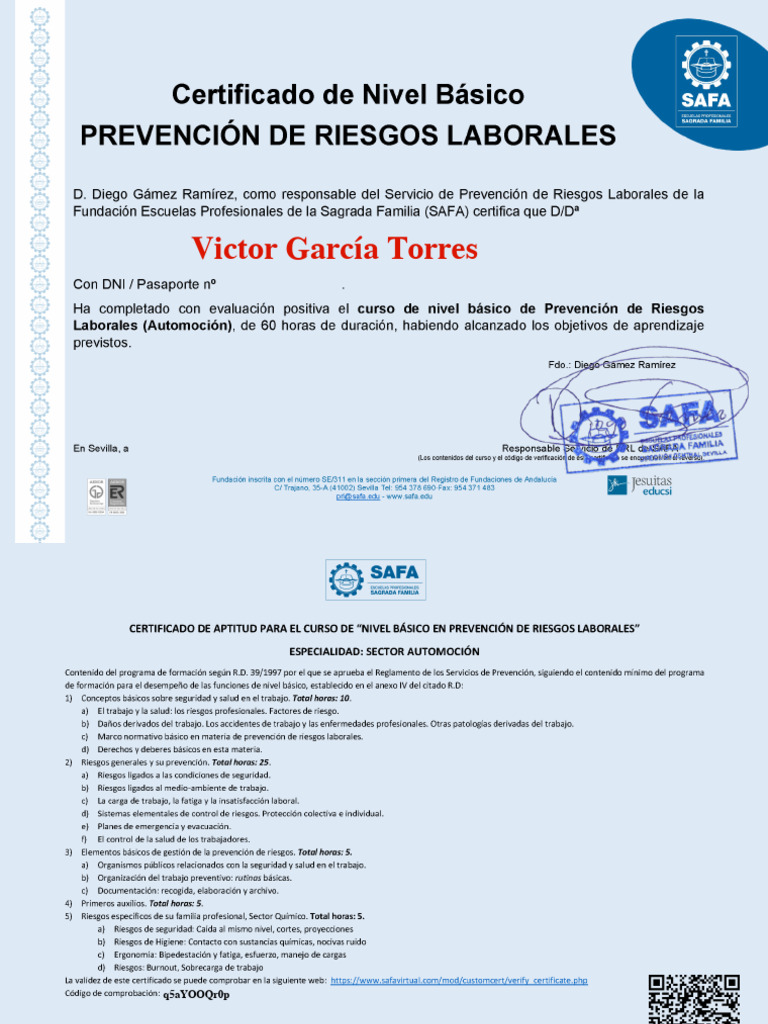 PRL - Certificado de Prevención de Riesgos Laborales - Automoción | PDF