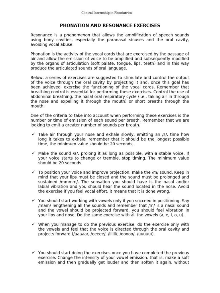 Resonance Exercises | PDF | Human Voice | Breathing