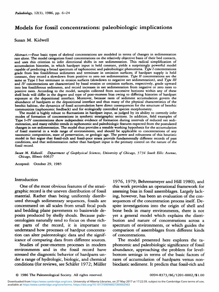 (Shell Bed) Kidwell, 1986 - Models For Fossil Concentrations ...
