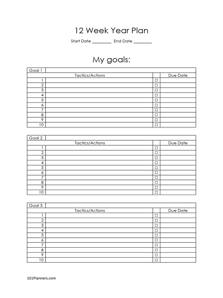 12 Week Year Goal Planner Template | PDF