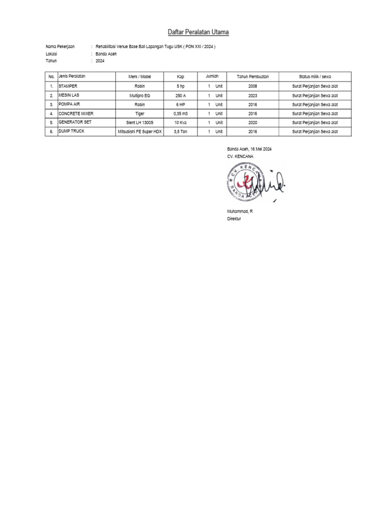 Daftar Peralatan Utama | PDF