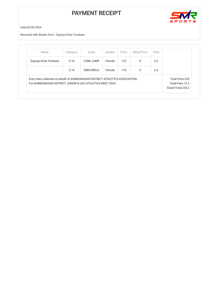 Payment Receipt: Name Category Event Gender Price Relay Price Fees | PDF