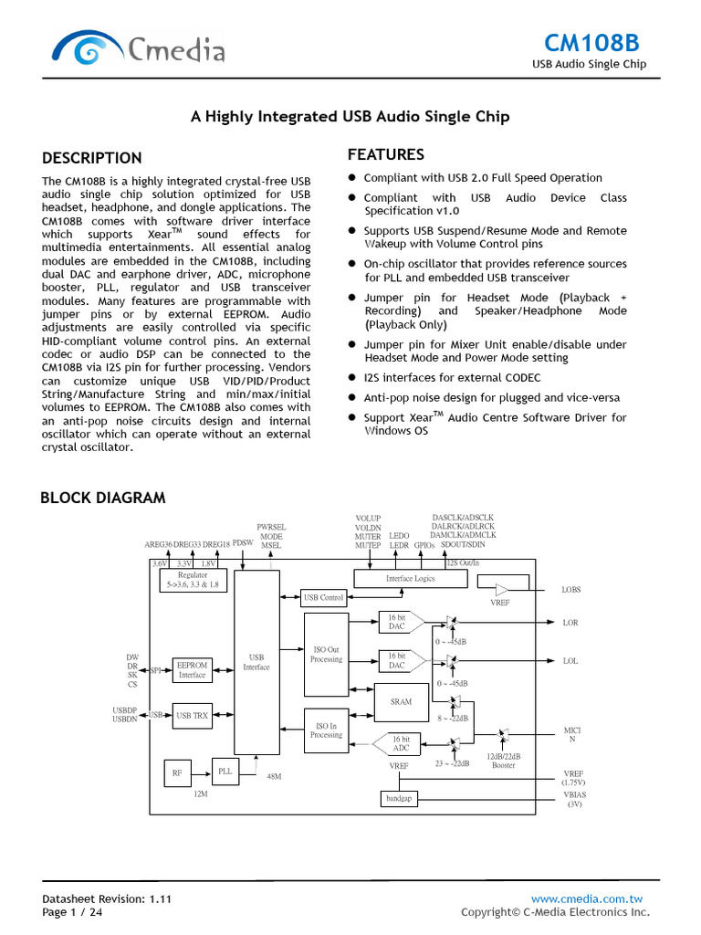 Datasheet - HK cm108b 8844815 | PDF | Usb | Headphones