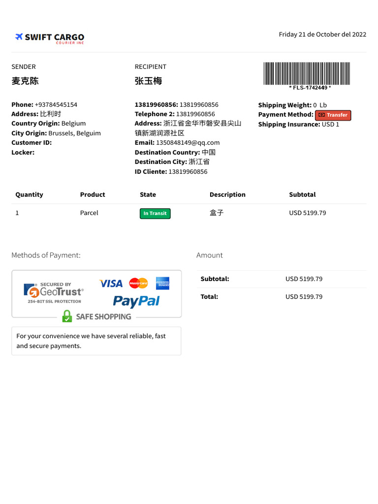 Swift Cargo Courier Inc FLS-1742449 | PDF