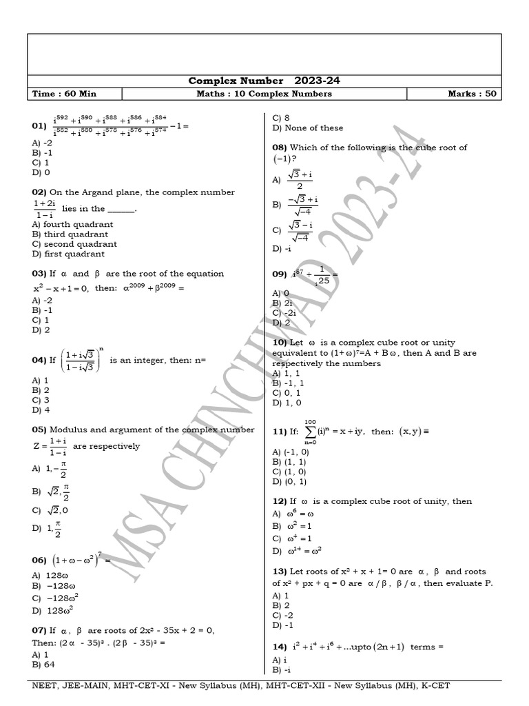 Complex Numbers Quiz for Competitive Exams | PDF | Elementary ...