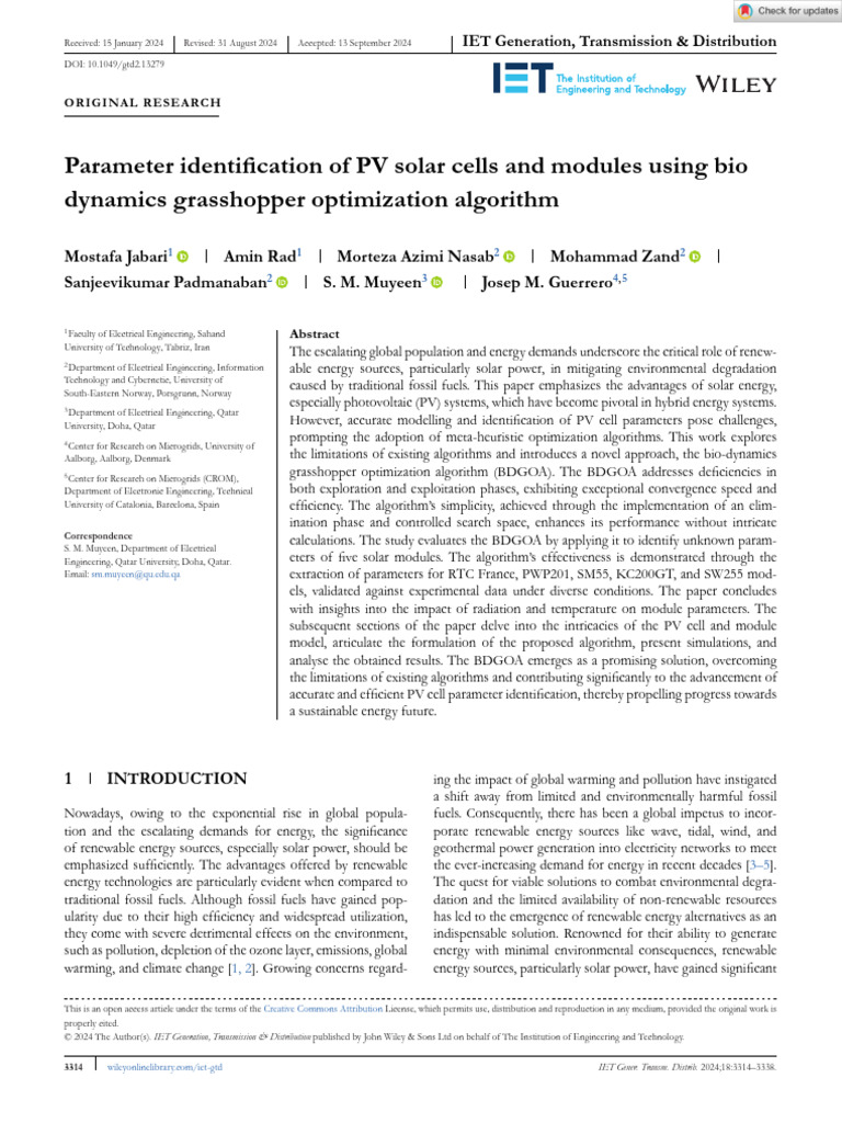 Iet Generation Trans Dist 2024 Jabari Parameter Identification Of Pv Solar Cells And