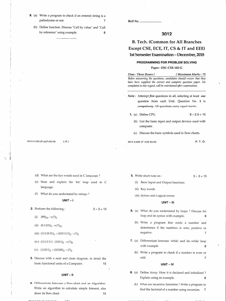 btech-1-sem-programming-for-problem-solving-3012-dec-2018 | PDF