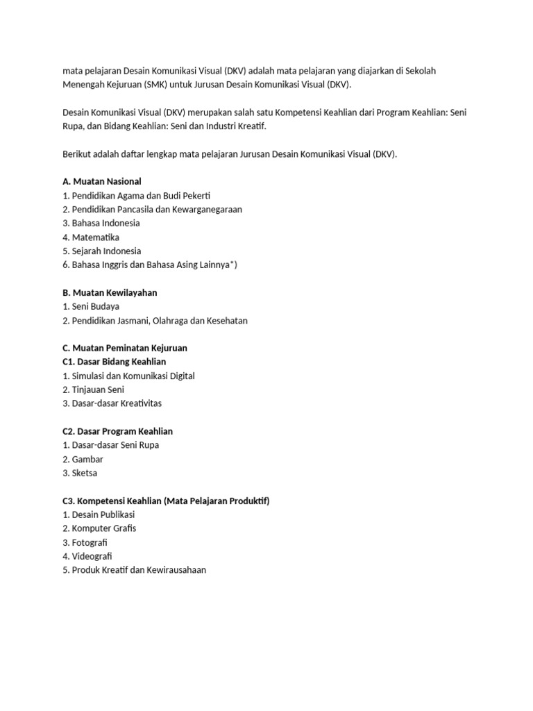 Kurikulum DKV SMK: Mata Pelajaran Lengkap | PDF