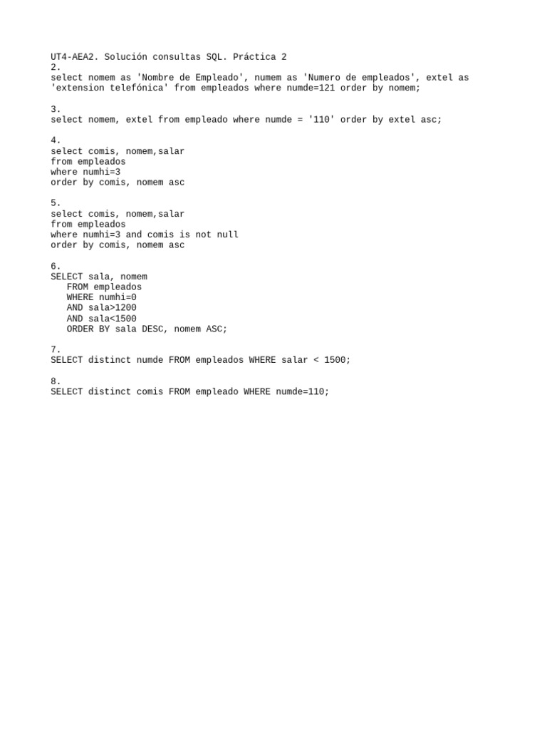 Ut4-Aea2. Solución Consultas SQL. Practica2 | PDF