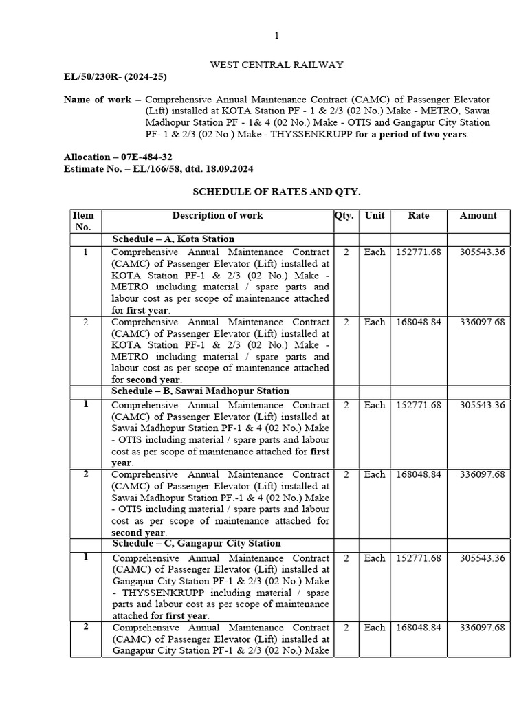 EL-50-230R-2024-25 CAMC of Lift Retender | PDF | Elevator
