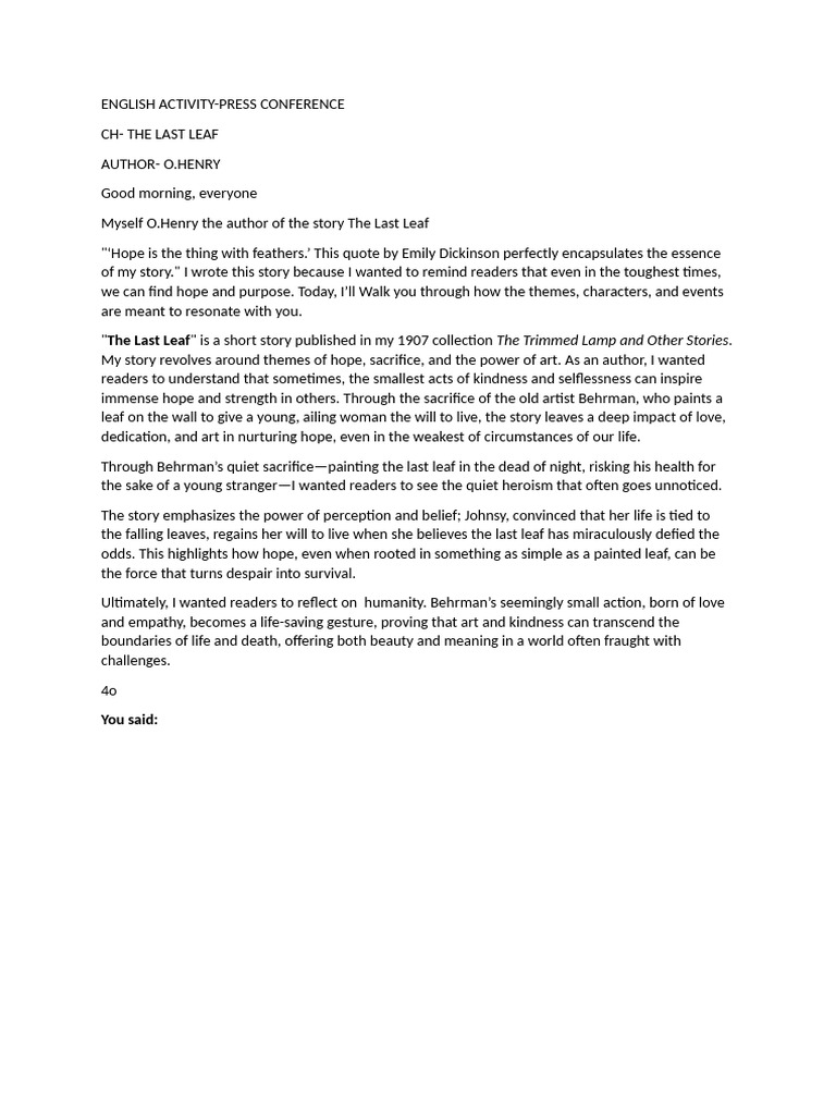 The Last Leaf: Hope and Sacrifice | PDF