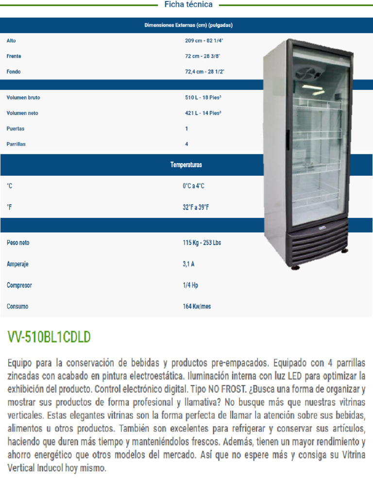 Ficha Tecnica Refrigerador Vertical Inducol | PDF