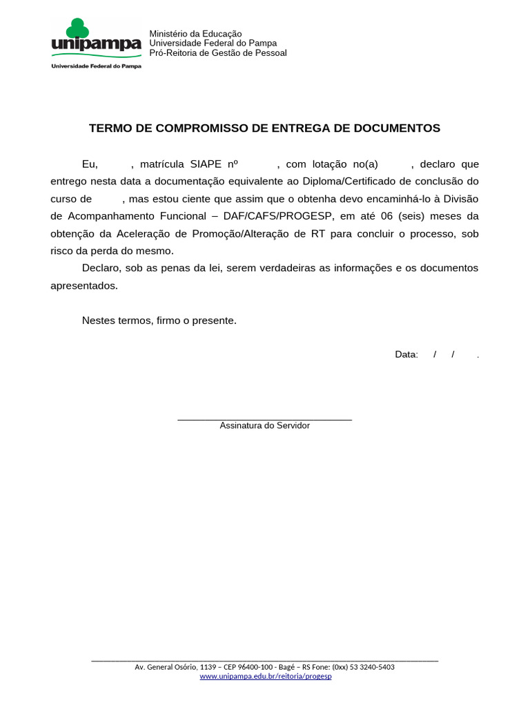 Termo de Compromisso de Entrega de Documentos Site | PDF