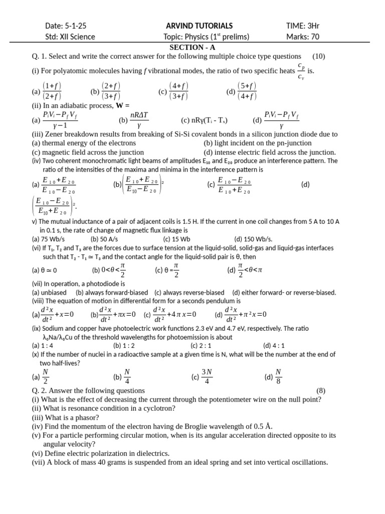 12 TH Sci Physics Prelims 5-1-24. | PDF | Inductor | Physical Quantities